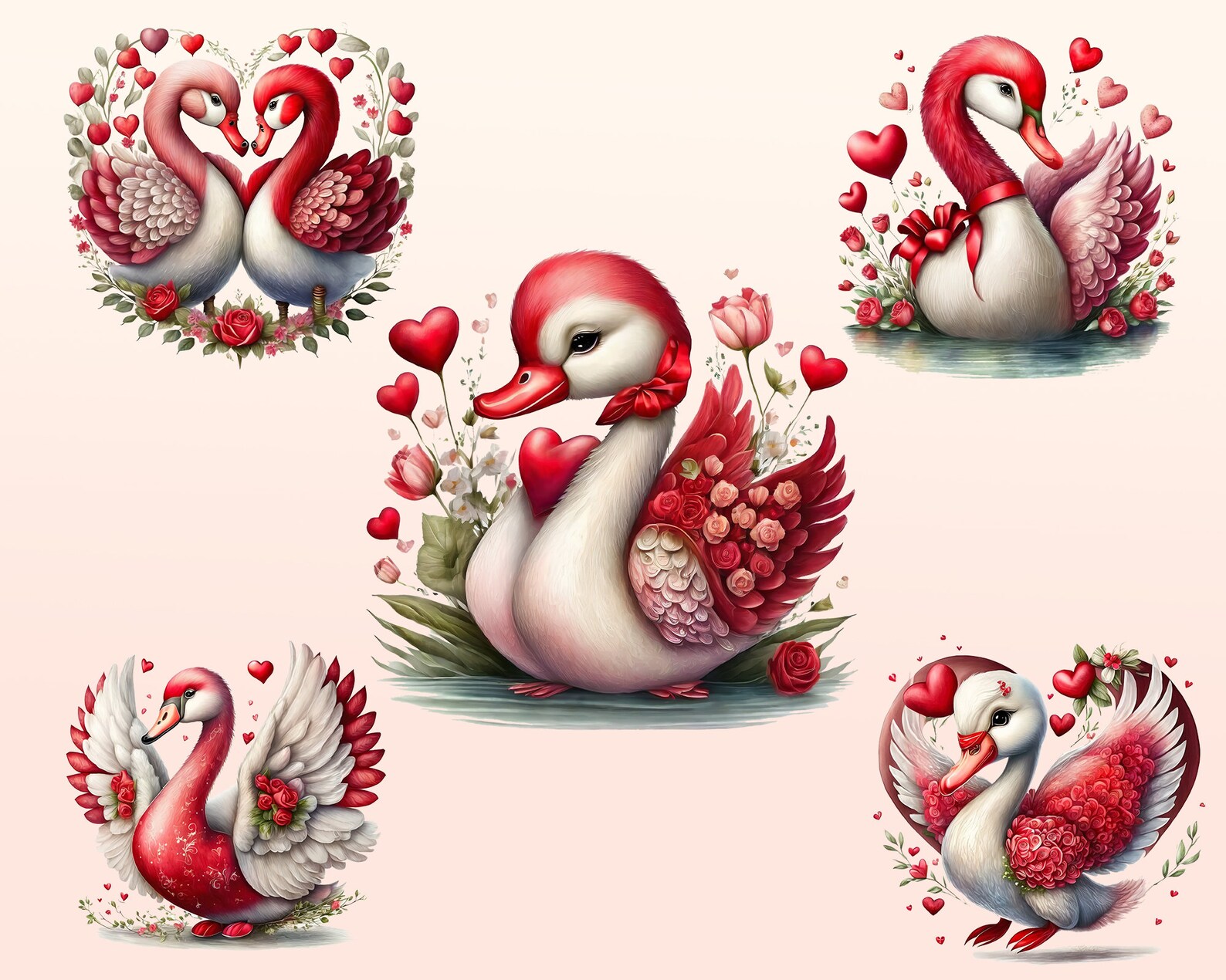 15X Cute Printable Valentines Swan Print Png Bundle, Digital Vintage ...