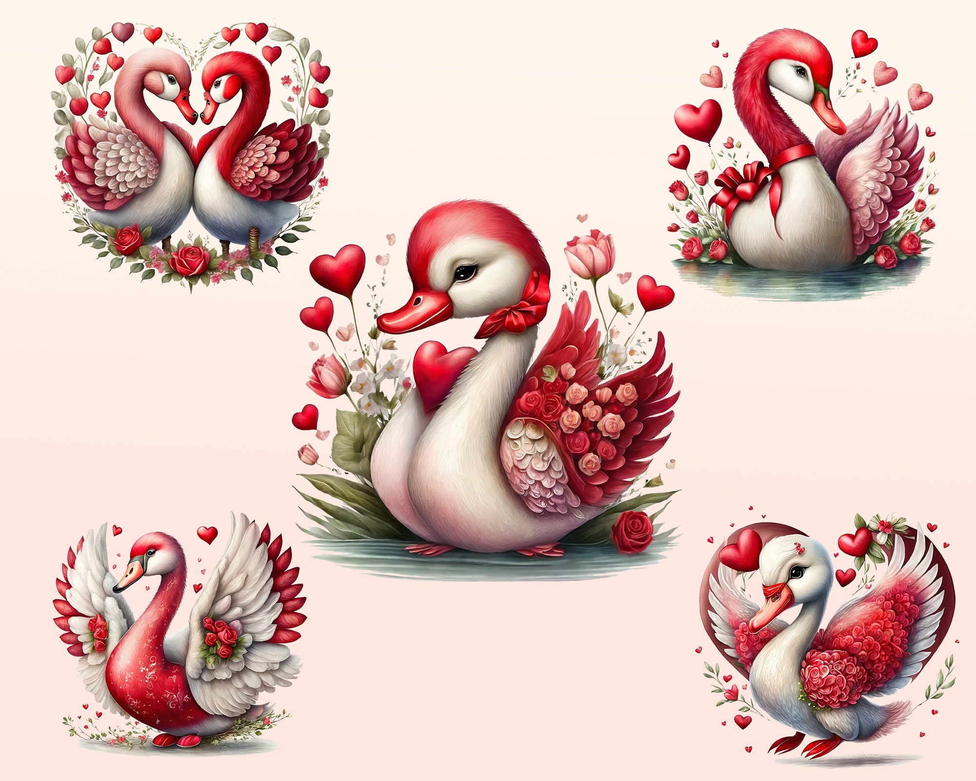 15X Cute Printable Valentines Swan Print Png Bundle, Digital Vintage ...
