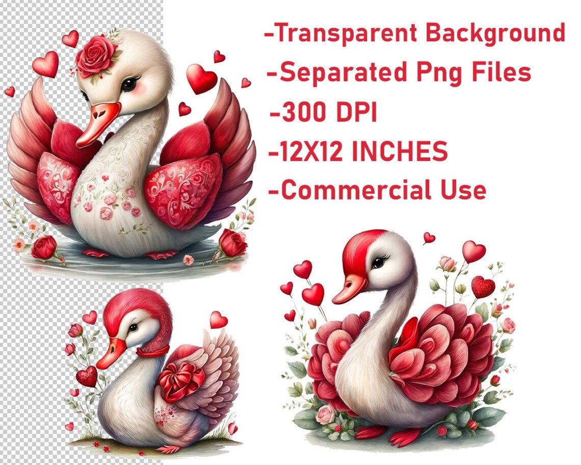 15X Cute Printable Valentines Swan Print Png Bundle, Digital Vintage ...