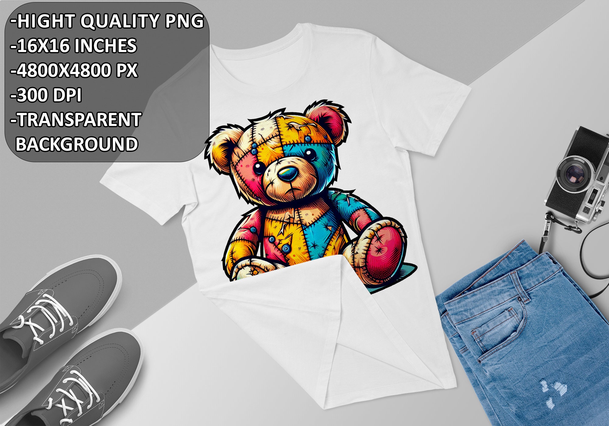 Tattered Teddy Bear PNG, Colorful Sublimation Design (digital Download ...