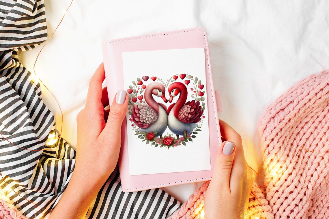15X Cute Printable Valentines Swan Print Png Bundle, Digital Vintage ...