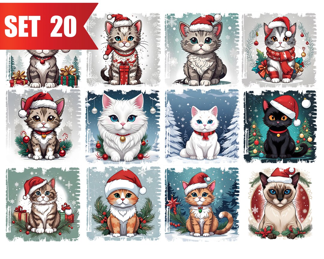 20X Cute Cats Christmas Bundle Png, Kitten Sublimation Design Clipart ...