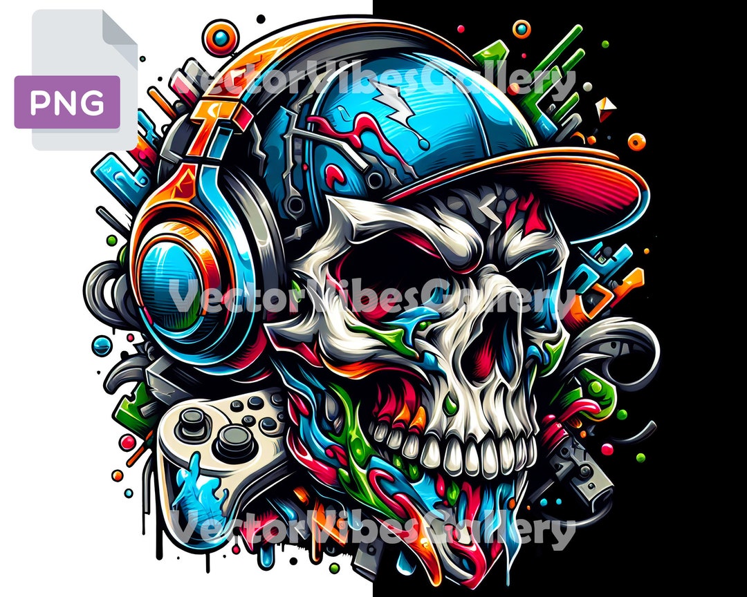 Colorful Gaming Skull Png, Urban Sublimation Design, Graffiti Gamer ...