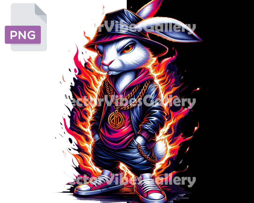 Streetwear Fiery Bunny Png, Urban Sublimation Design, Gangster Colorful ...