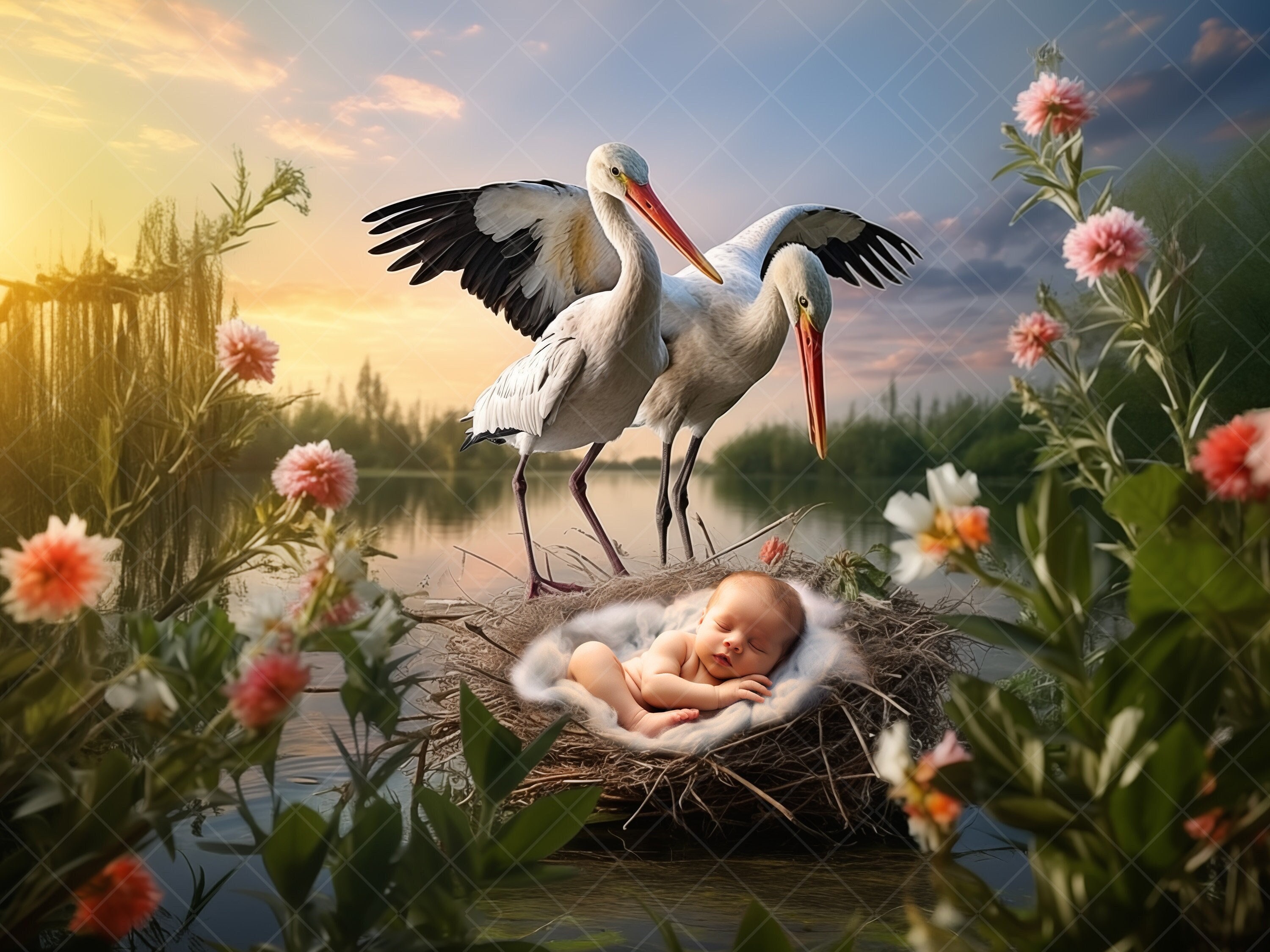 Stork's Nest Newborn Digital Backdrop: Baby Girl or Boy Composite ...