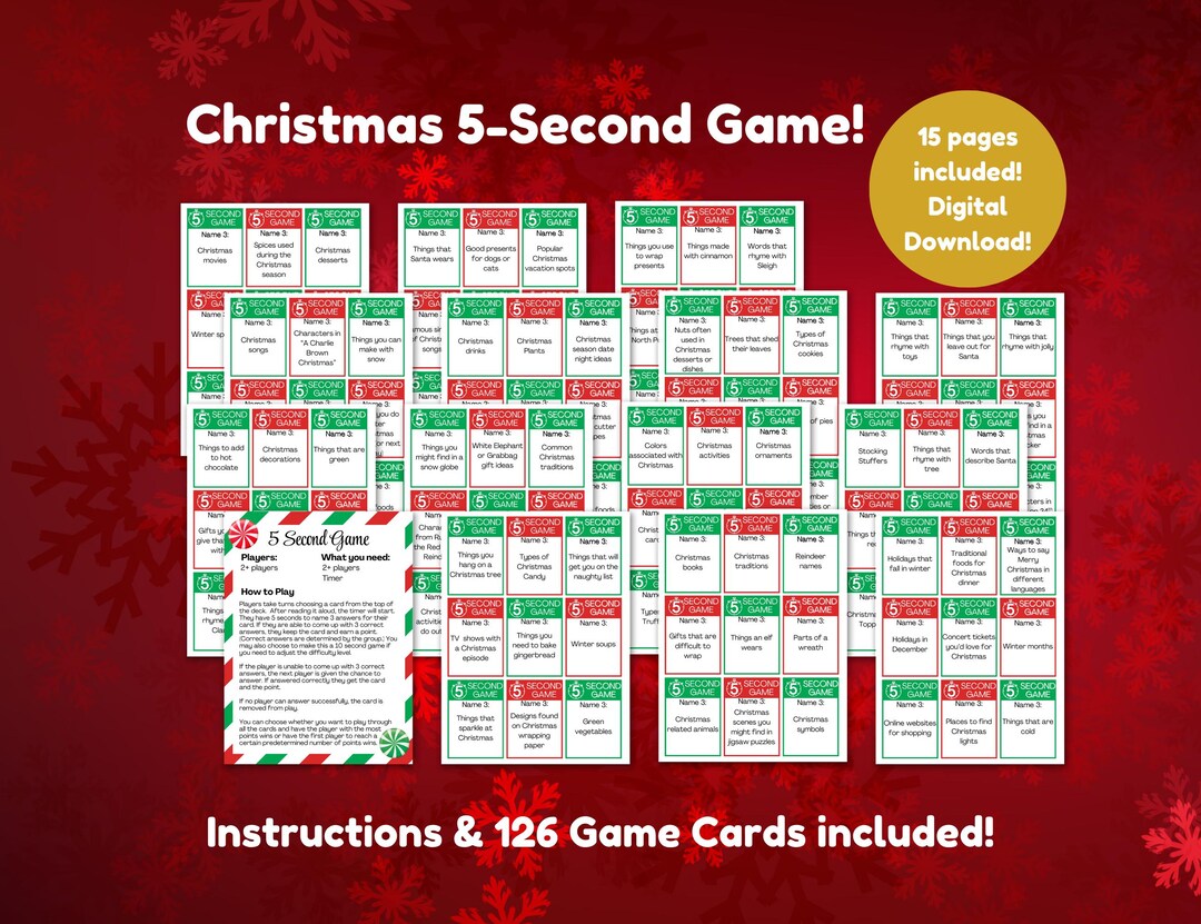 Christmas 5 Second Game Printable, Family Holiday Activity, December ...