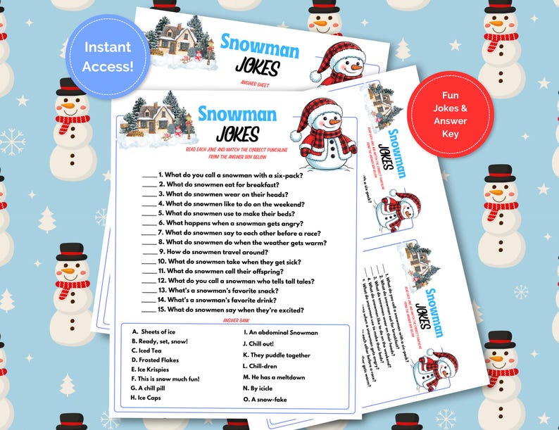Snowman Jokes Game, Classroom Holiday Game, December Birthday Party ...