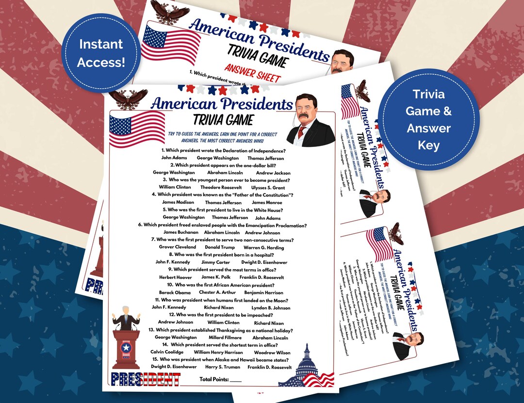 American Presidents Trivia Game, Presidents Day Printable Classroom ...