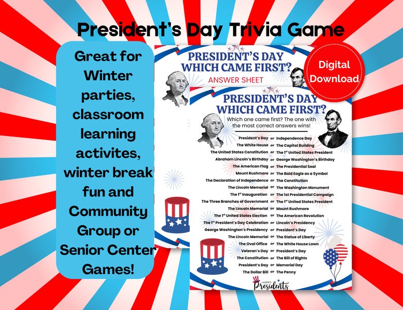 Presidents Day Which Came First Printable Game, Presidential Classroom ...