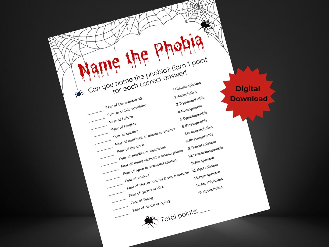 Name the Phobia Printable, Halloween Activity Game, Summer Camp Game ...