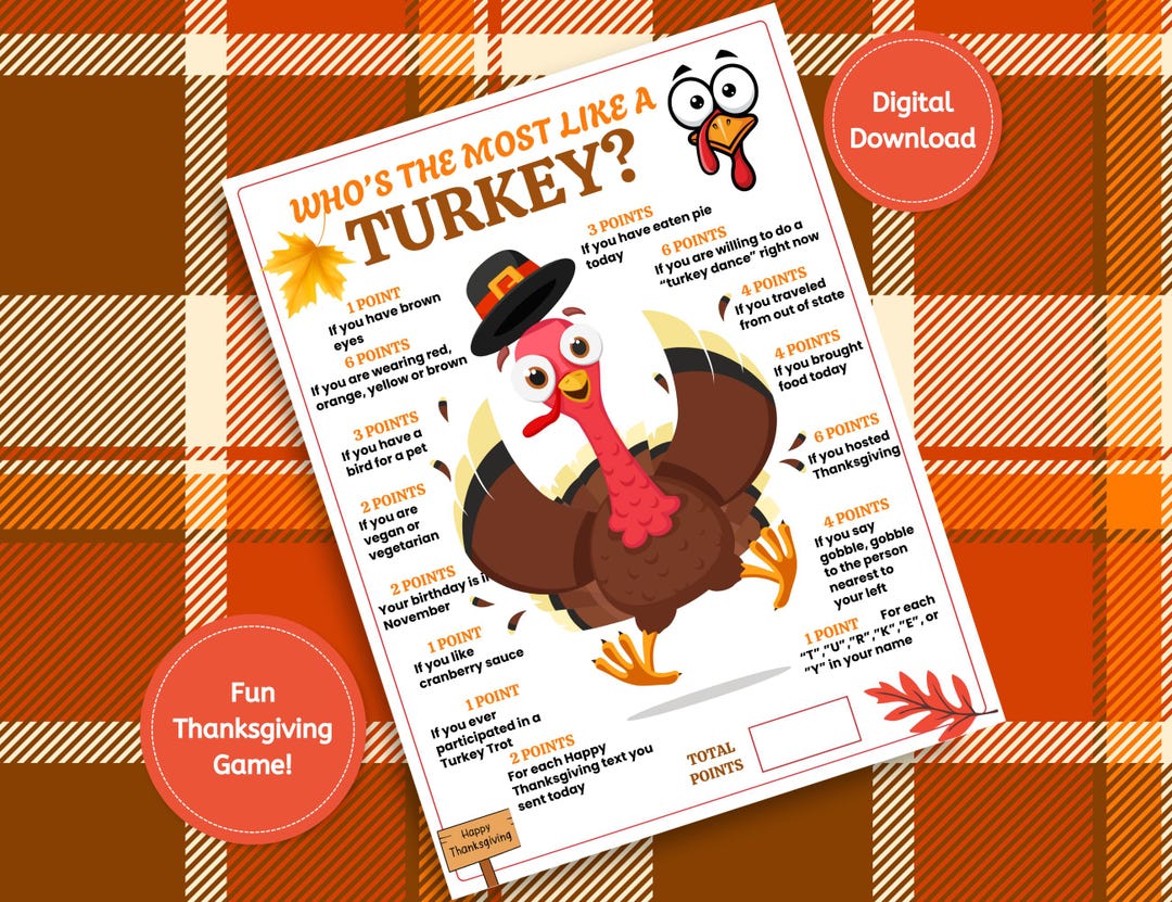Who's Most Like a Turkey Printable Game, Family Thanksgiving Activity ...