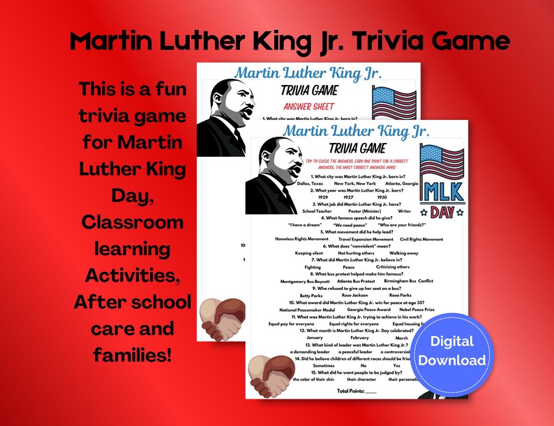 Martin Luther King Jr Trivia Game, MLK Day Printable Activity, MLK Jr ...