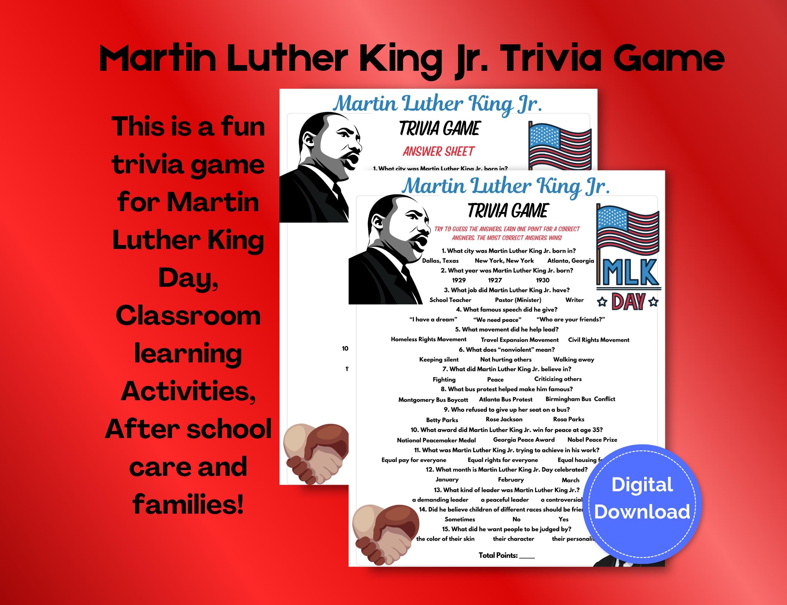 Martin Luther King Jr Trivia Game, MLK Day Printable Activity, MLK Jr ...