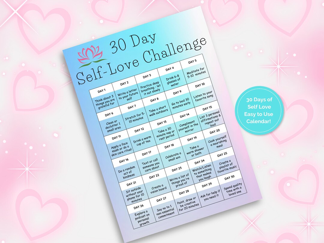 30 Days of Self Love, Self Care Checklist Printable, Daily Wellness ...