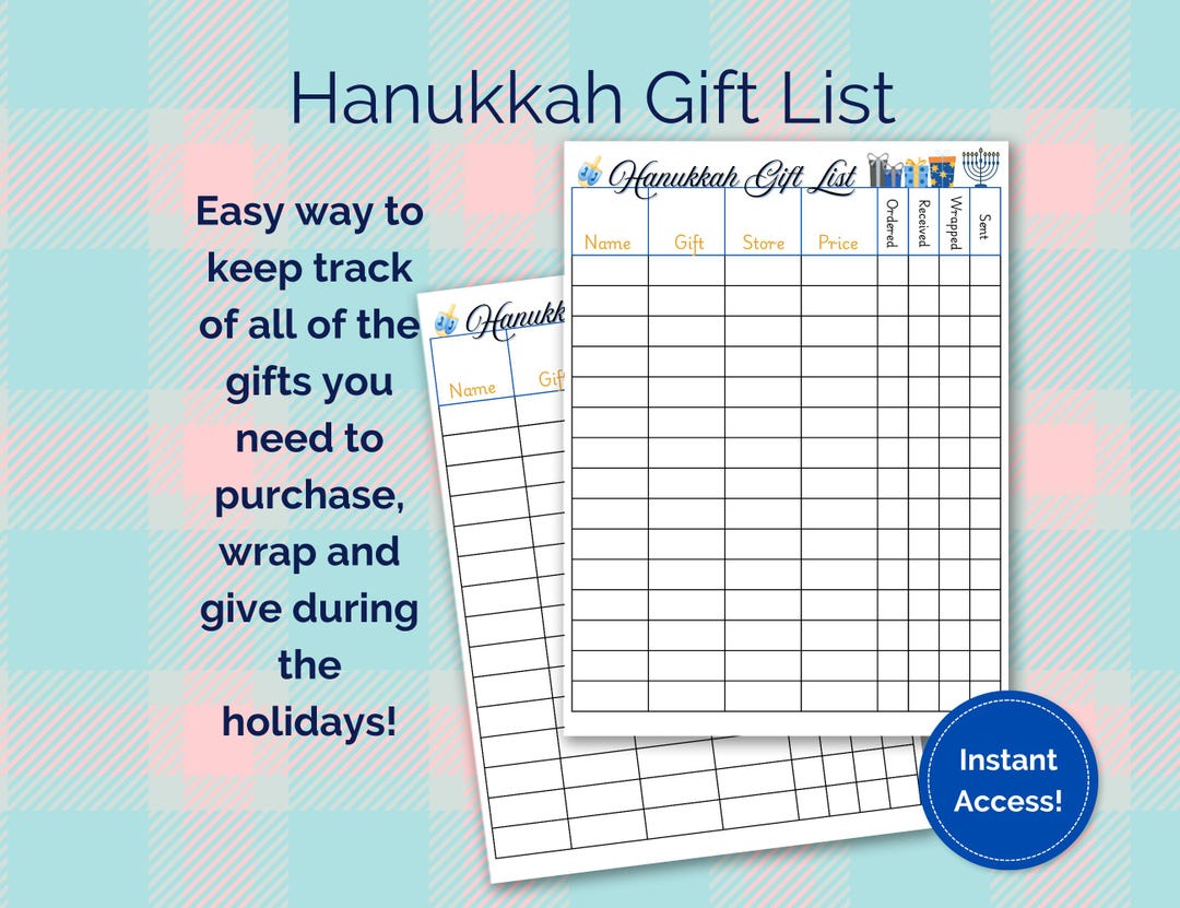 Printable Hanukkah Gift List, Holiday Shopping Budget Tracker, Hanukkah ...