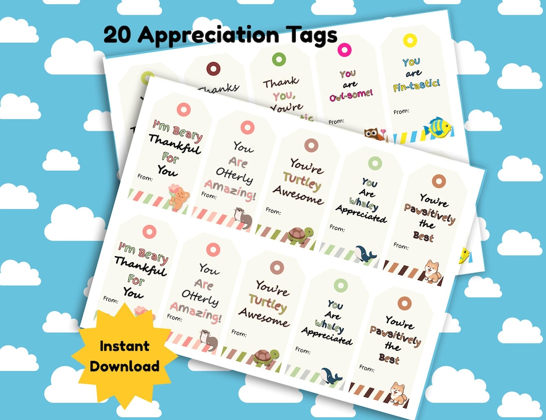Printable Appreciation Tags, Thank You Gift Cards, Animal Gift Tags ...