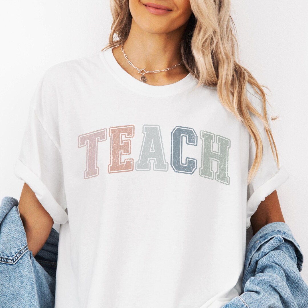 Teach Varsity Style Shirt, Neutral Rainbow Teacher Shirt, Teacher ...