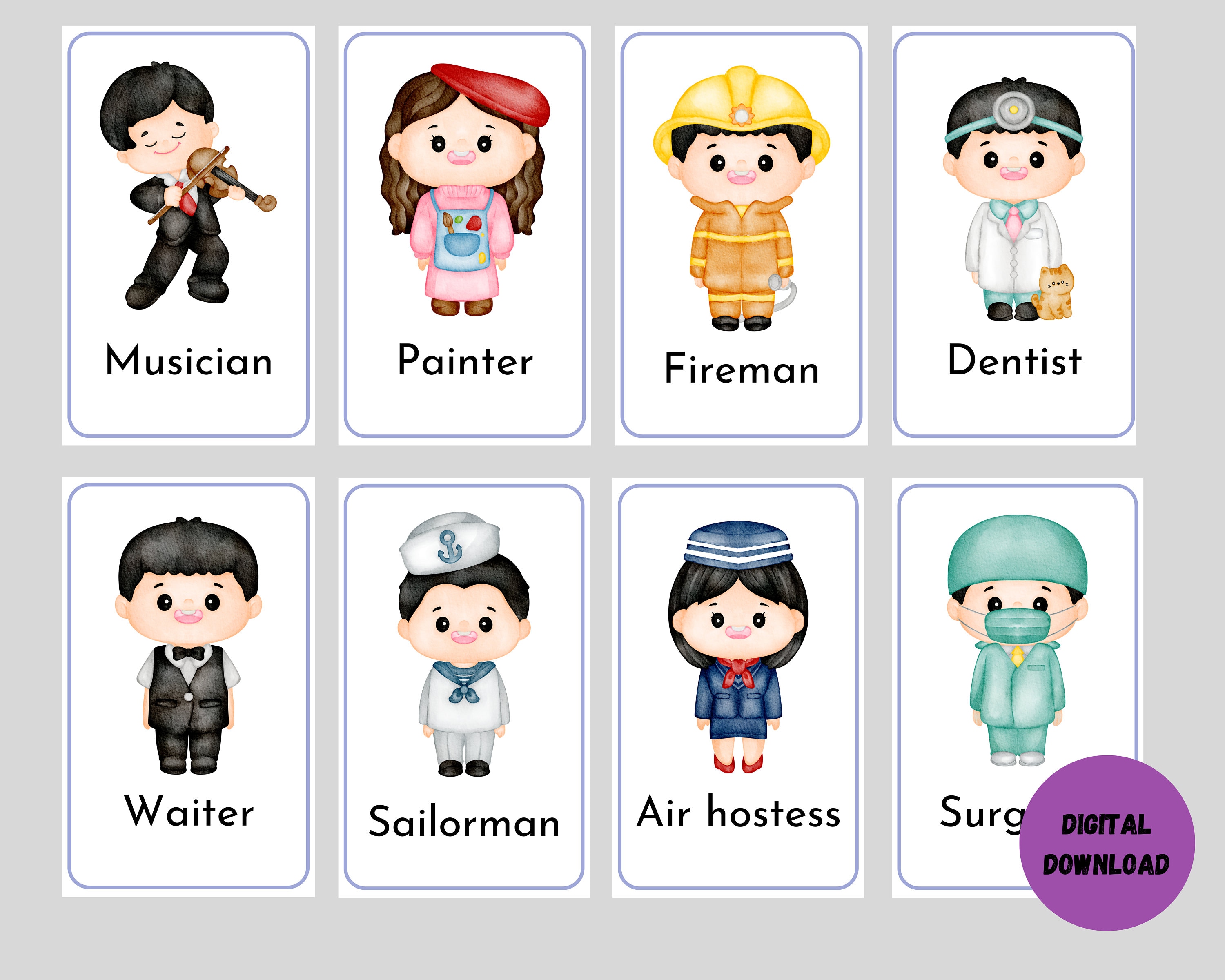 19 Professions Flash Cards, Montessori Flash Cards, Pre-school Cards ...