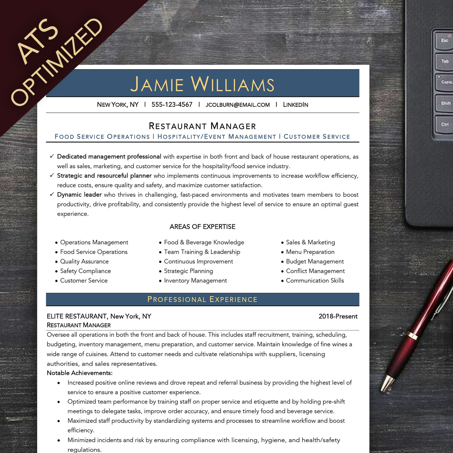Restaurant Manager Resume Template: Instant Download! Customizable ATS ...