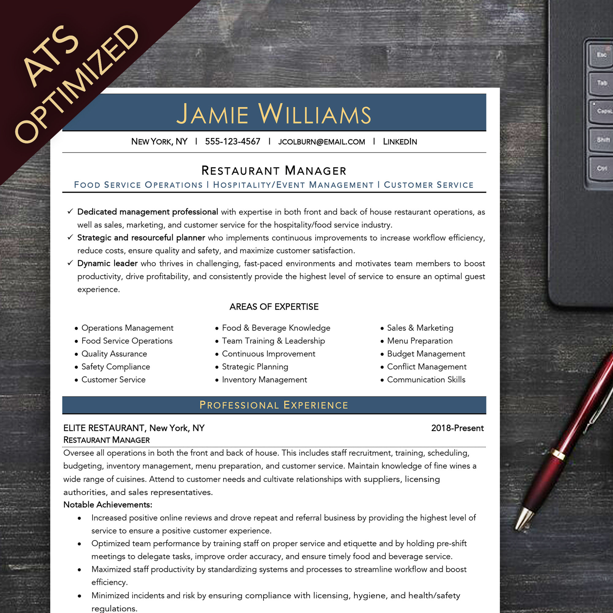 Restaurant Manager Resume Template: Instant Download! Customizable ATS ...
