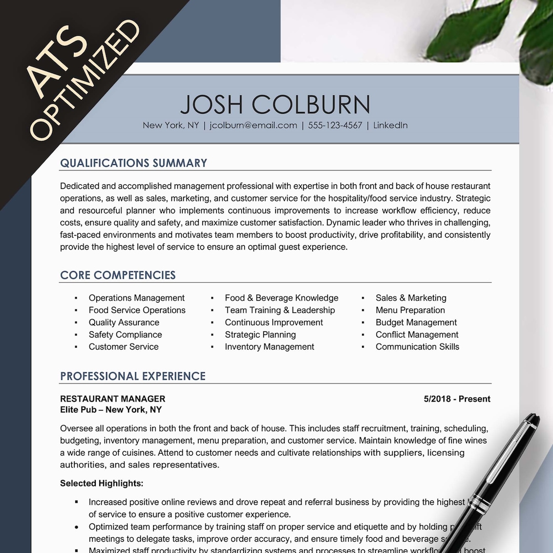 Restaurant Manager Resume Template: Instant Download! Customizable ATS ...