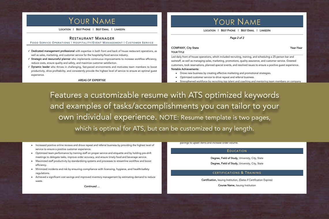 Restaurant Manager Resume Template: Instant Download! Customizable ATS ...
