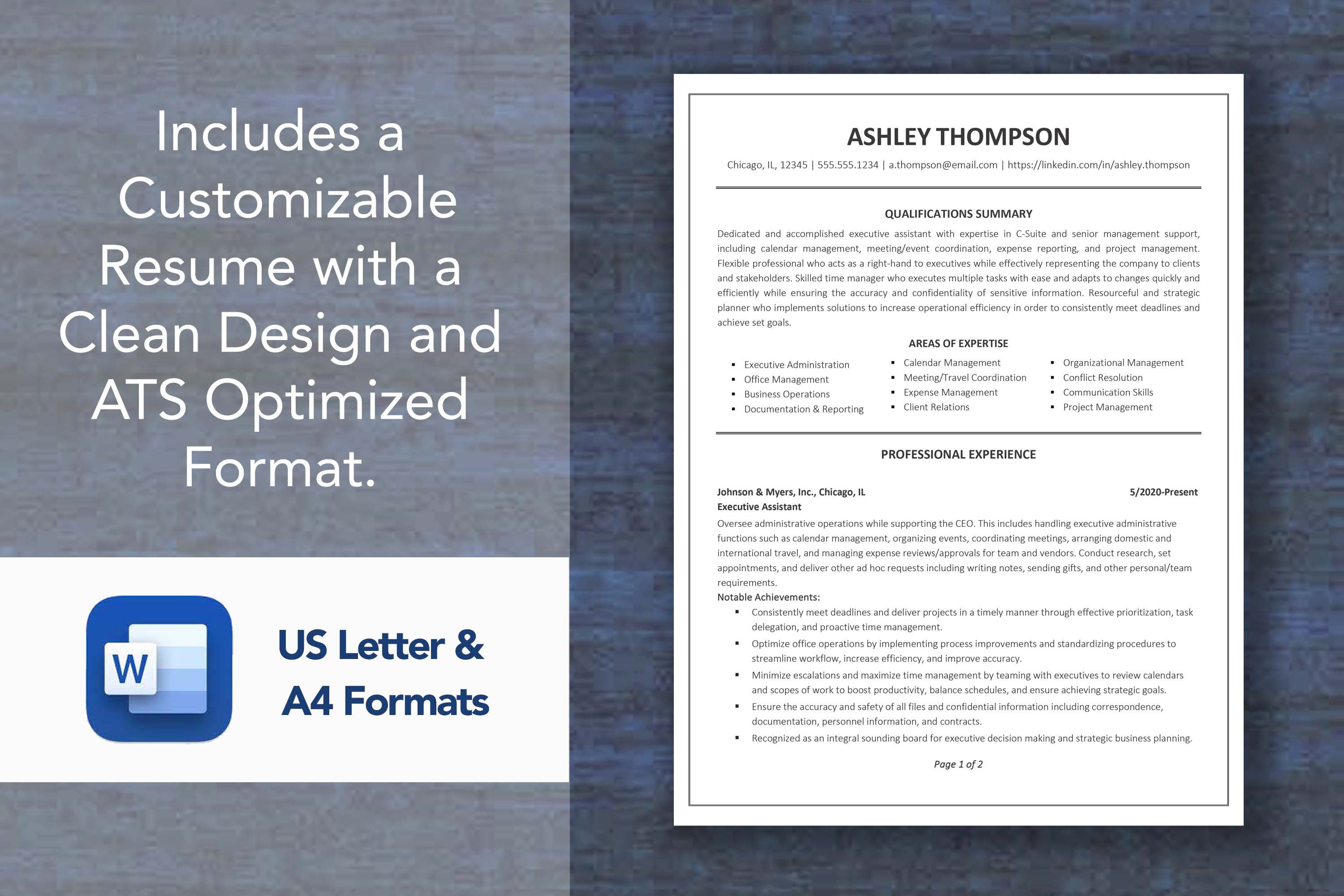 Executive Assistant Resume Template: Instant Download! Customizable ATS ...