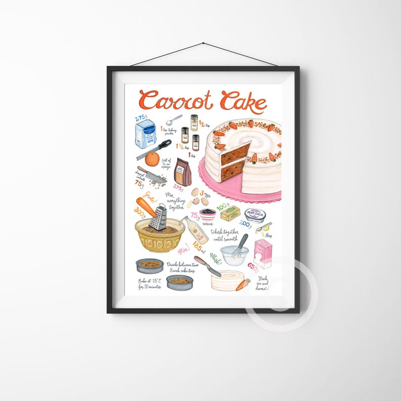 Carrot Cake Recipe Illustration, Art Print, A5, A4, A3 - Etsy