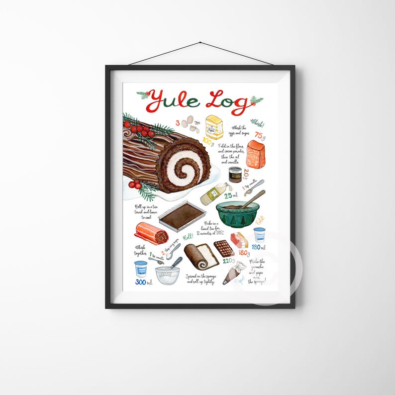 Yule Log Recipe Illustration, Art Print, A4, - Etsy
