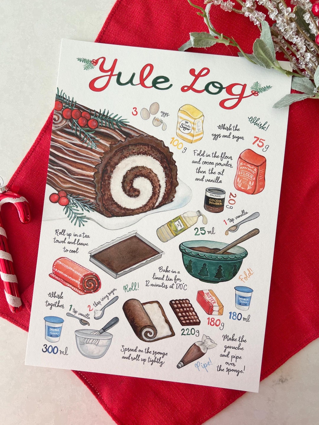 Yule Log Recipe Illustration, Art Print, A4, - Etsy