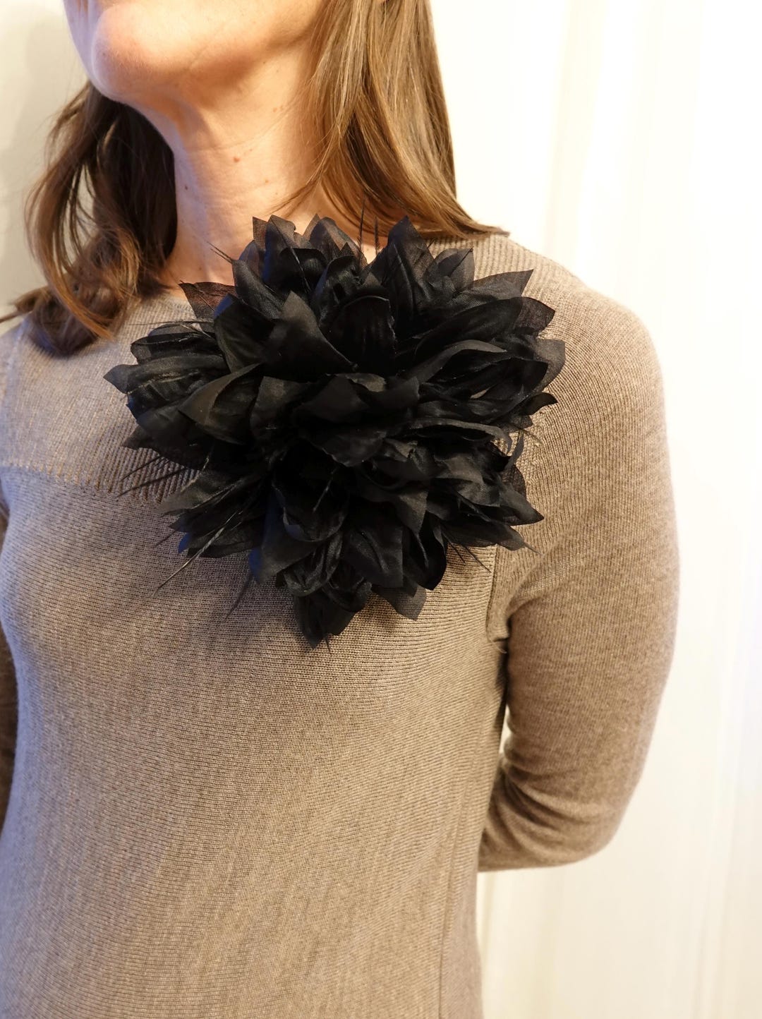 Large Silk Flower Brooch With Feathers. Black Flower Pin. Packed as a ...