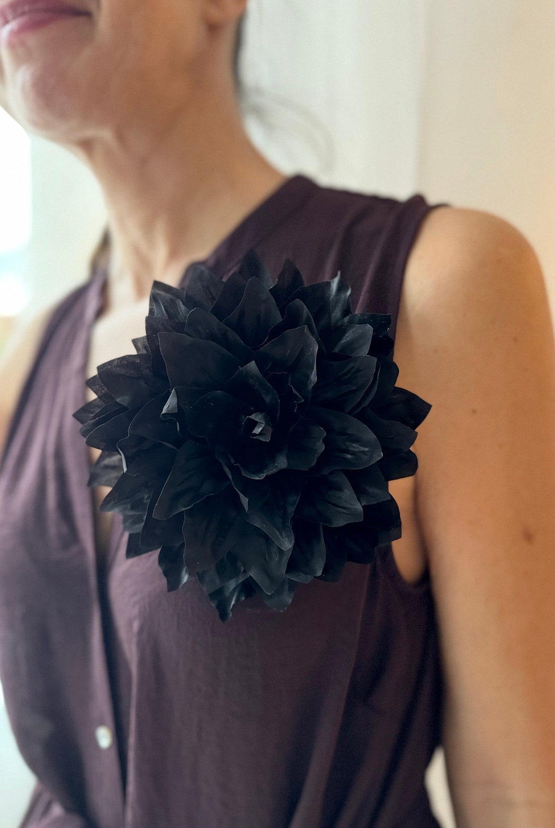Silk Flower Brooch. Black Flower Pin. Large Black Brooch - Etsy