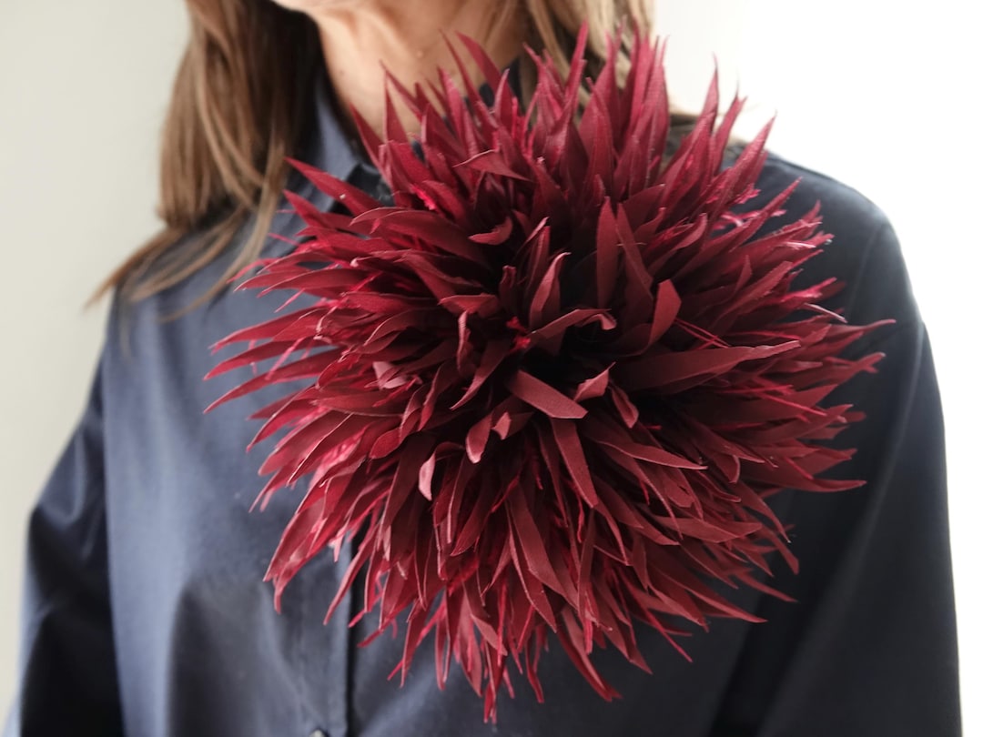 Large Silk Flower Brooch With Feathers. Flower Pin. Burgundy Color ...
