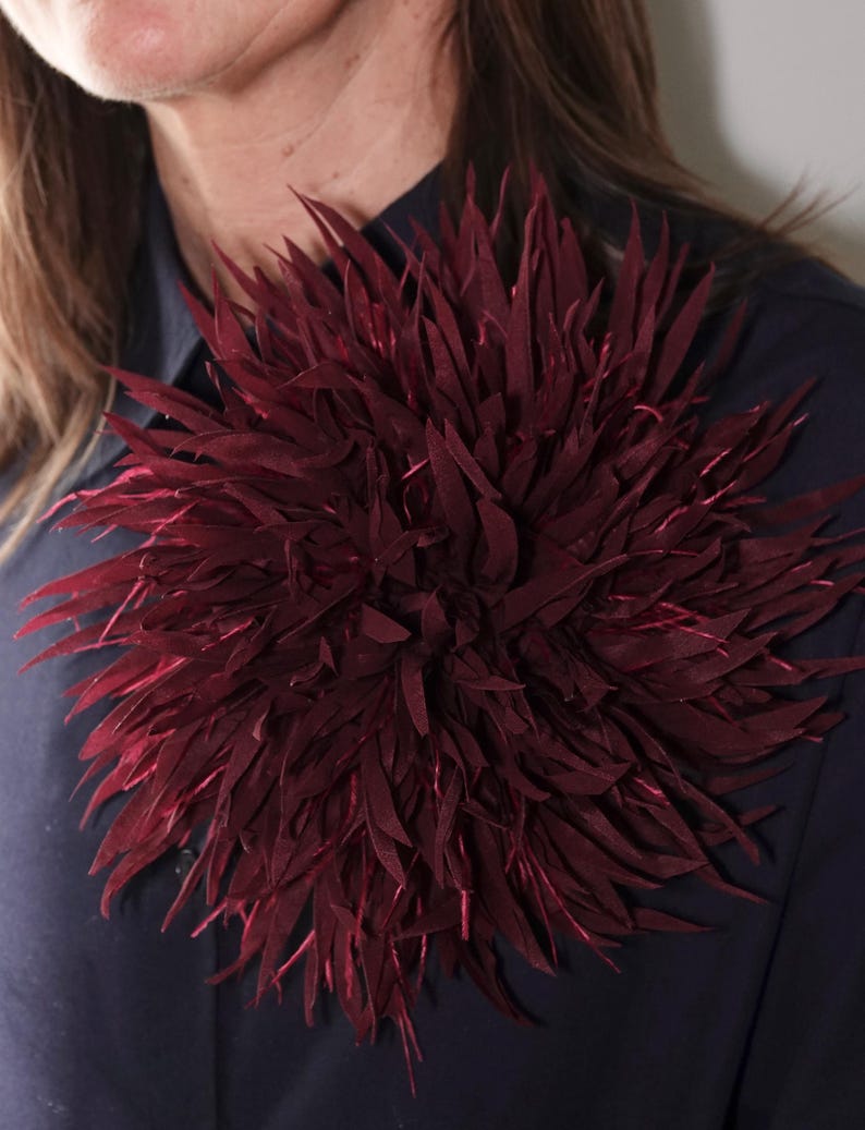 Large Silk Flower Brooch With Feathers. Flower Pin. Burgundy Color ...