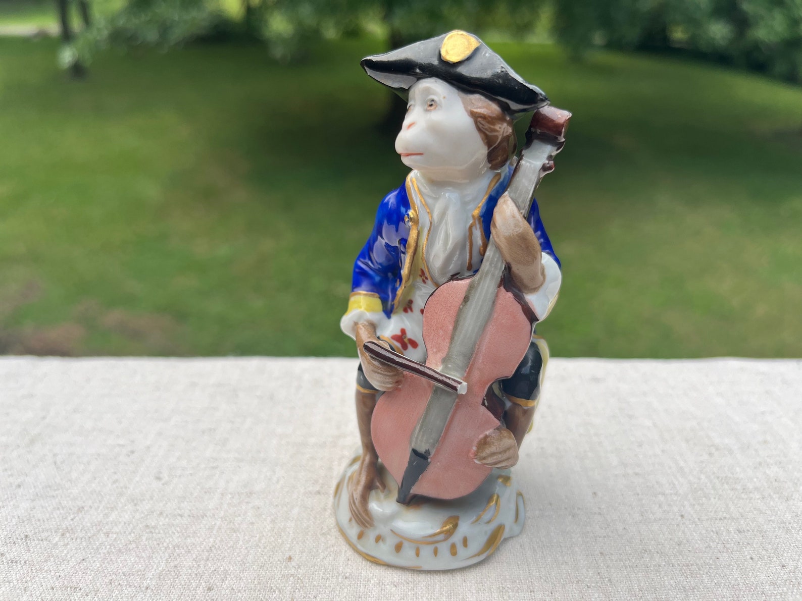 Antique Porcelain monkey Cellist or Cello Player. Gold Anchor Mark ...