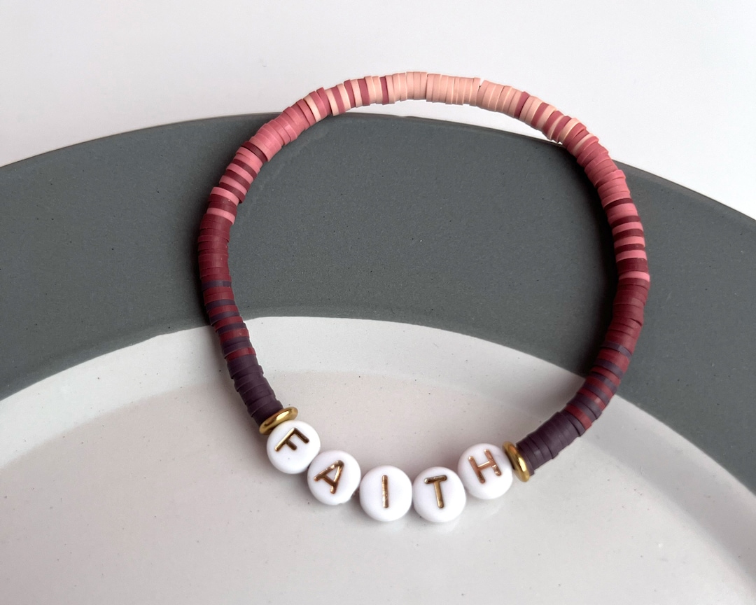 Faith Beaded Stretch Clay Bead Christian Bracelet | Pink Burgundy ...