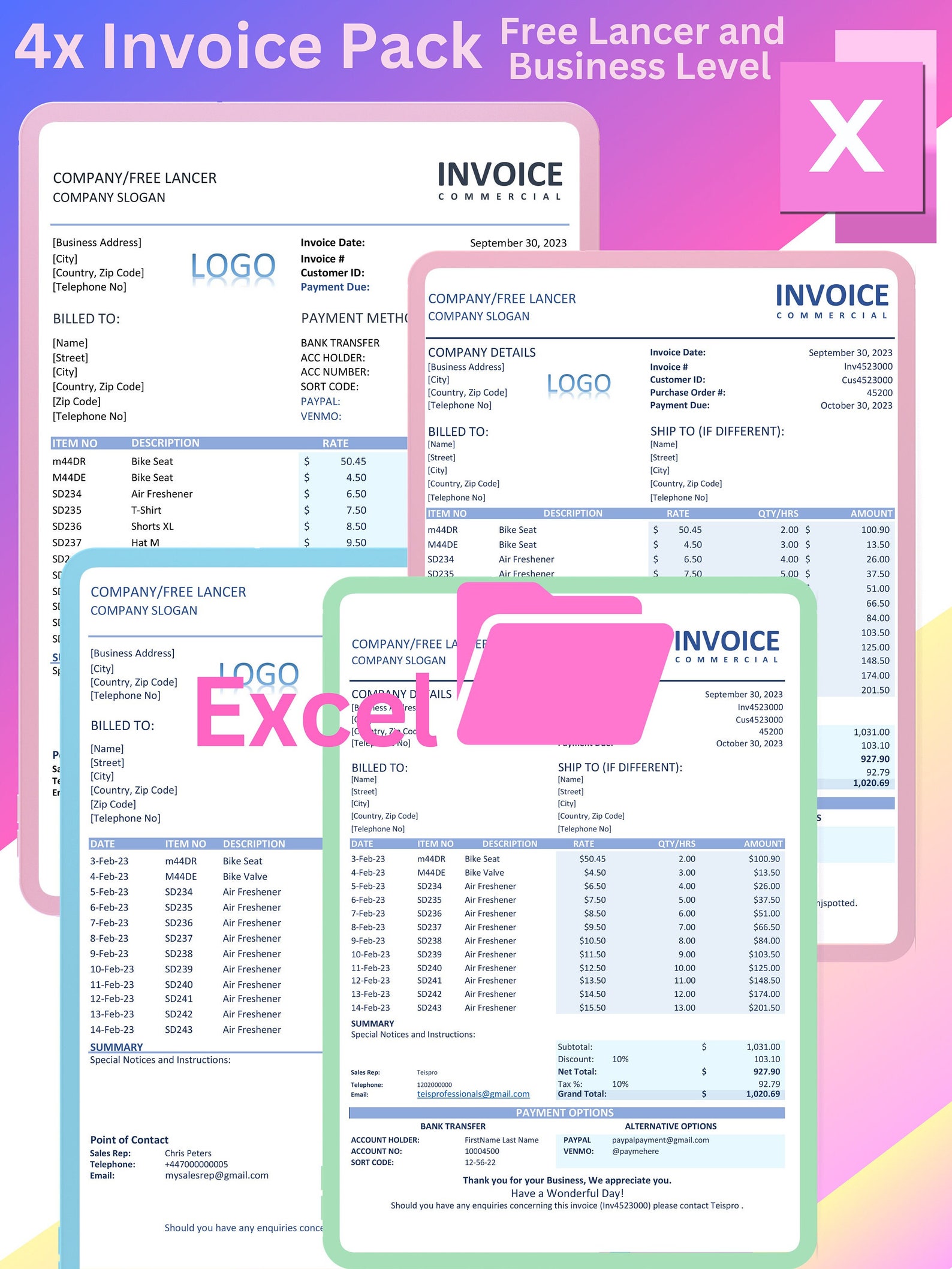 4X Invoice Bundle | Business Invoice | Excel | Free Lancer Invoice ...