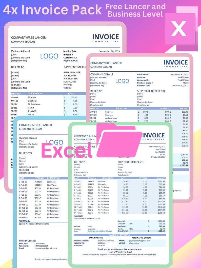 4X Invoice Bundle | Business Invoice | Excel | Free Lancer Invoice ...