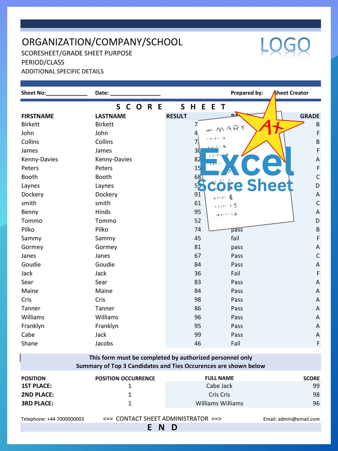 Student Score Sheet Grade Sheet Scorecard Class Record - Etsy