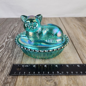 Teal Blue Carnival Glass Cat on Basket - Covered Candy Dish / Trinket ...