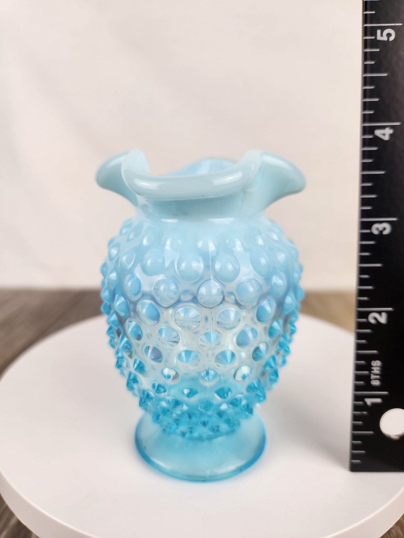 Fenton Aqua Blue Opaline Opalescent Glass Hobnail Crimp Mini Vase With ...