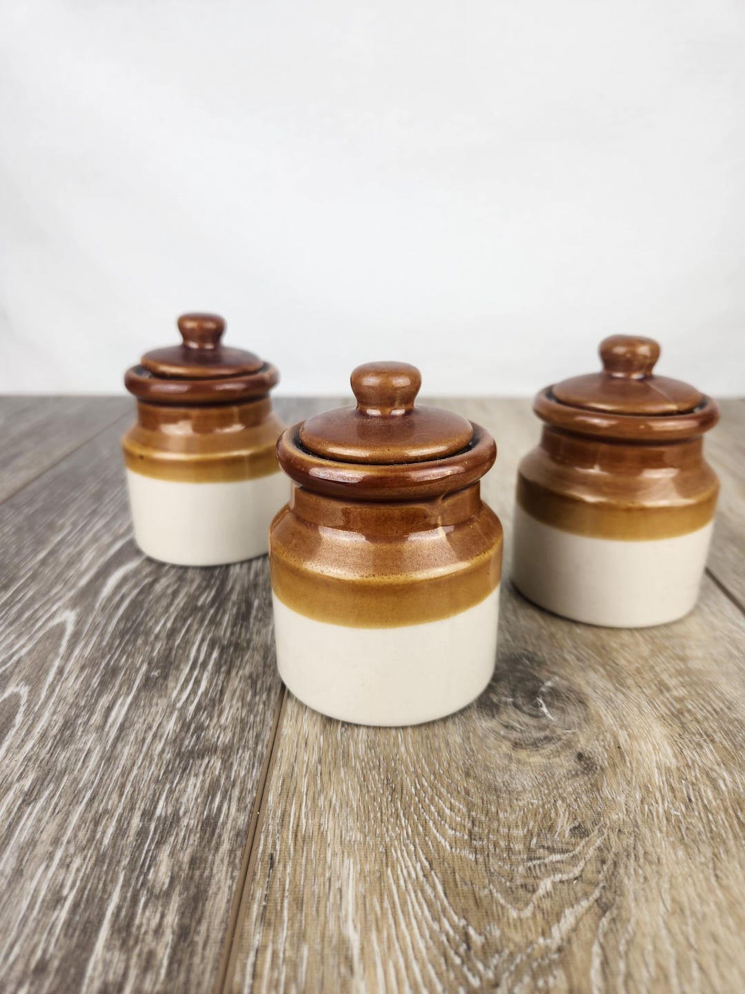 Stoneware Crock Pot Storage Jars With Lids - Vintage Brown and White 3 ...