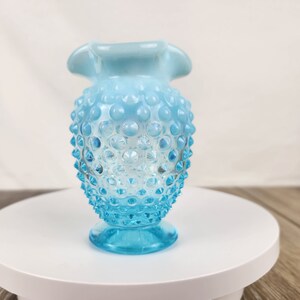 Fenton Aqua Blue Opaline Opalescent Glass Hobnail Crimp Mini Vase With ...
