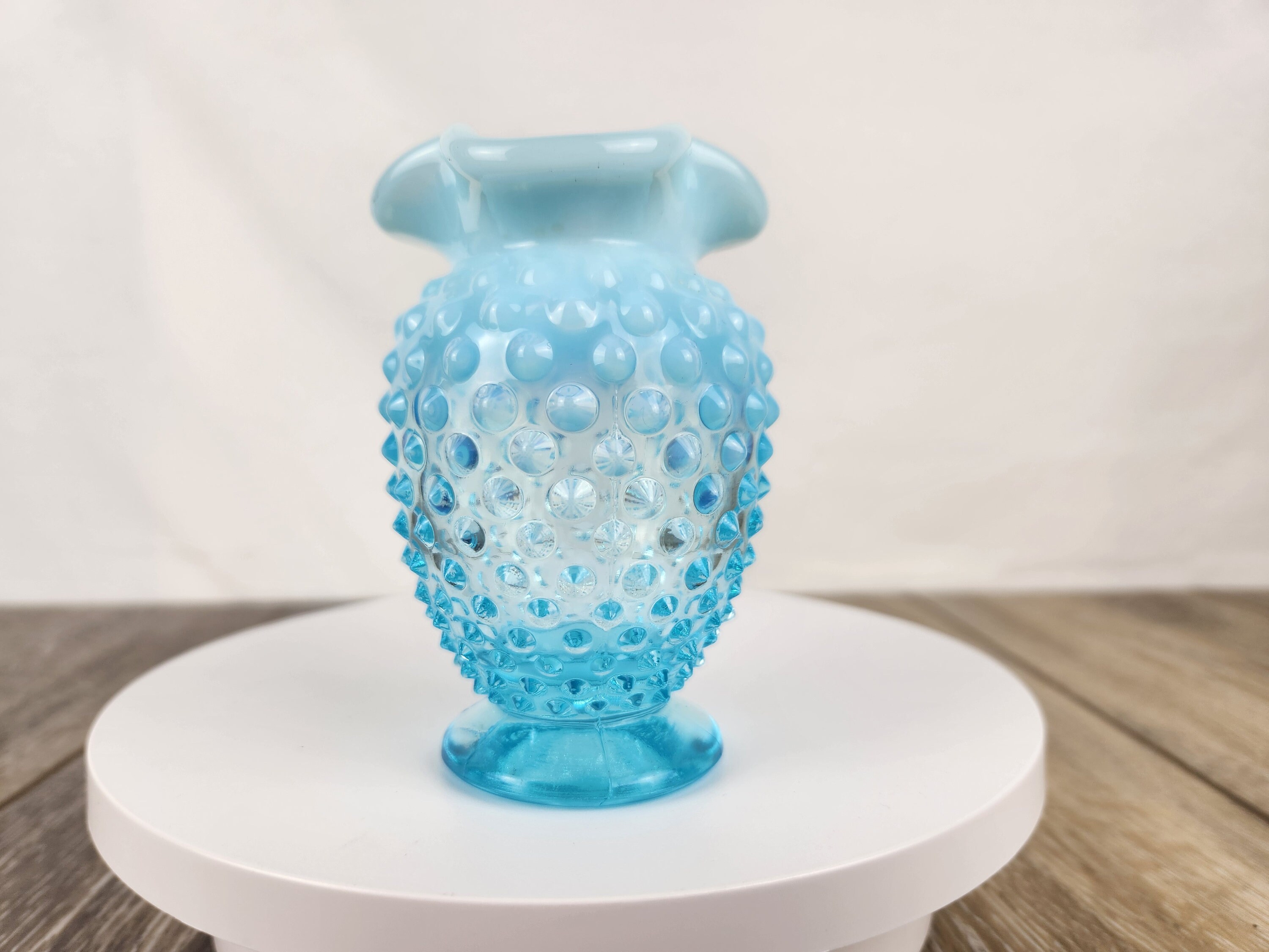 Fenton Aqua Blue Opaline Opalescent Glass Hobnail Crimp Mini Vase With ...