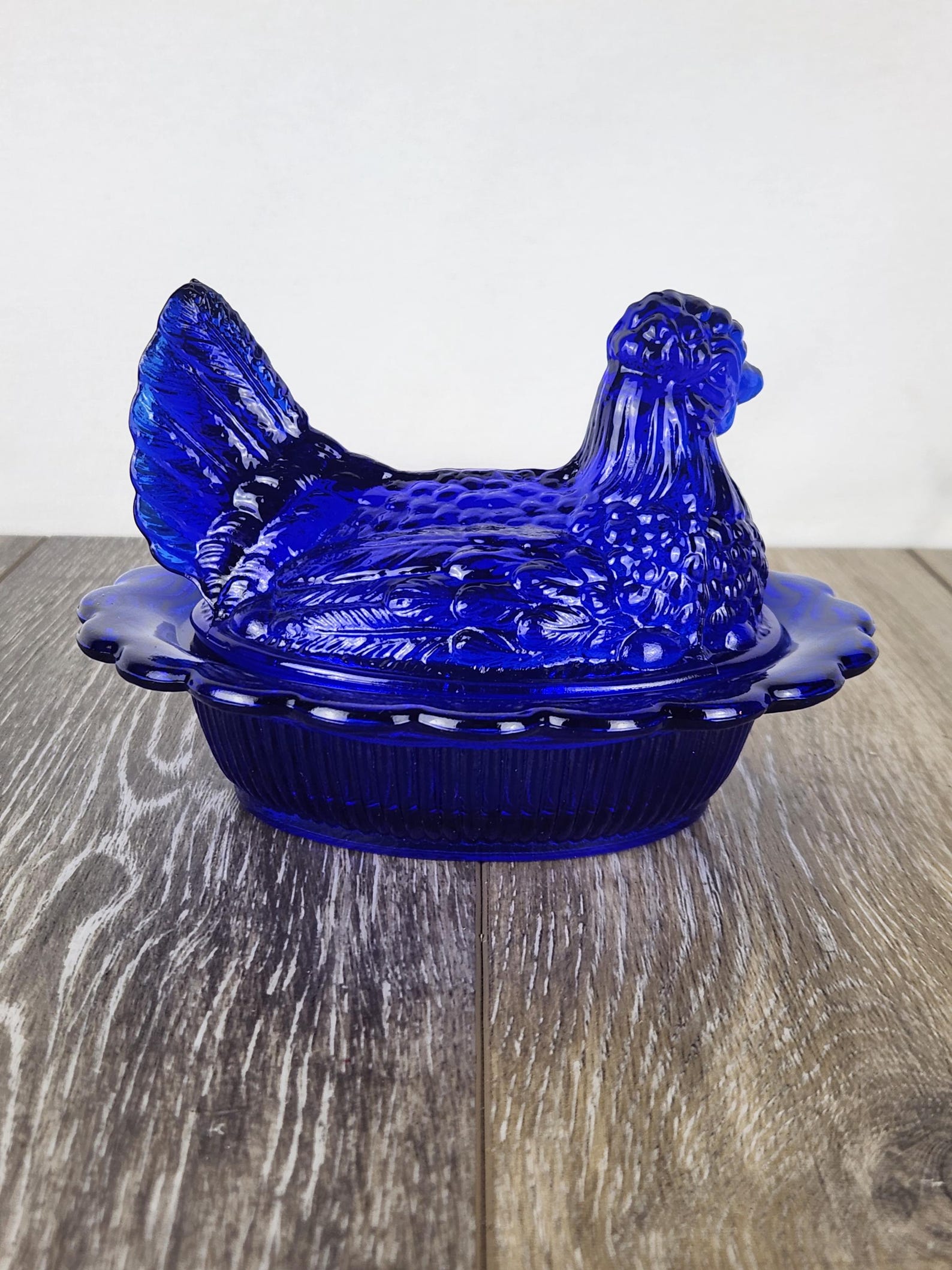 Cobalt Blue Glass Hen on Ruffled Nest - Glass Trinket Candy Dish 6.5 ...
