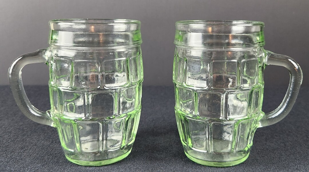 Green Glass Root Beer Barrel Beer Handled Mugs Set of 2 Vintage Green ...