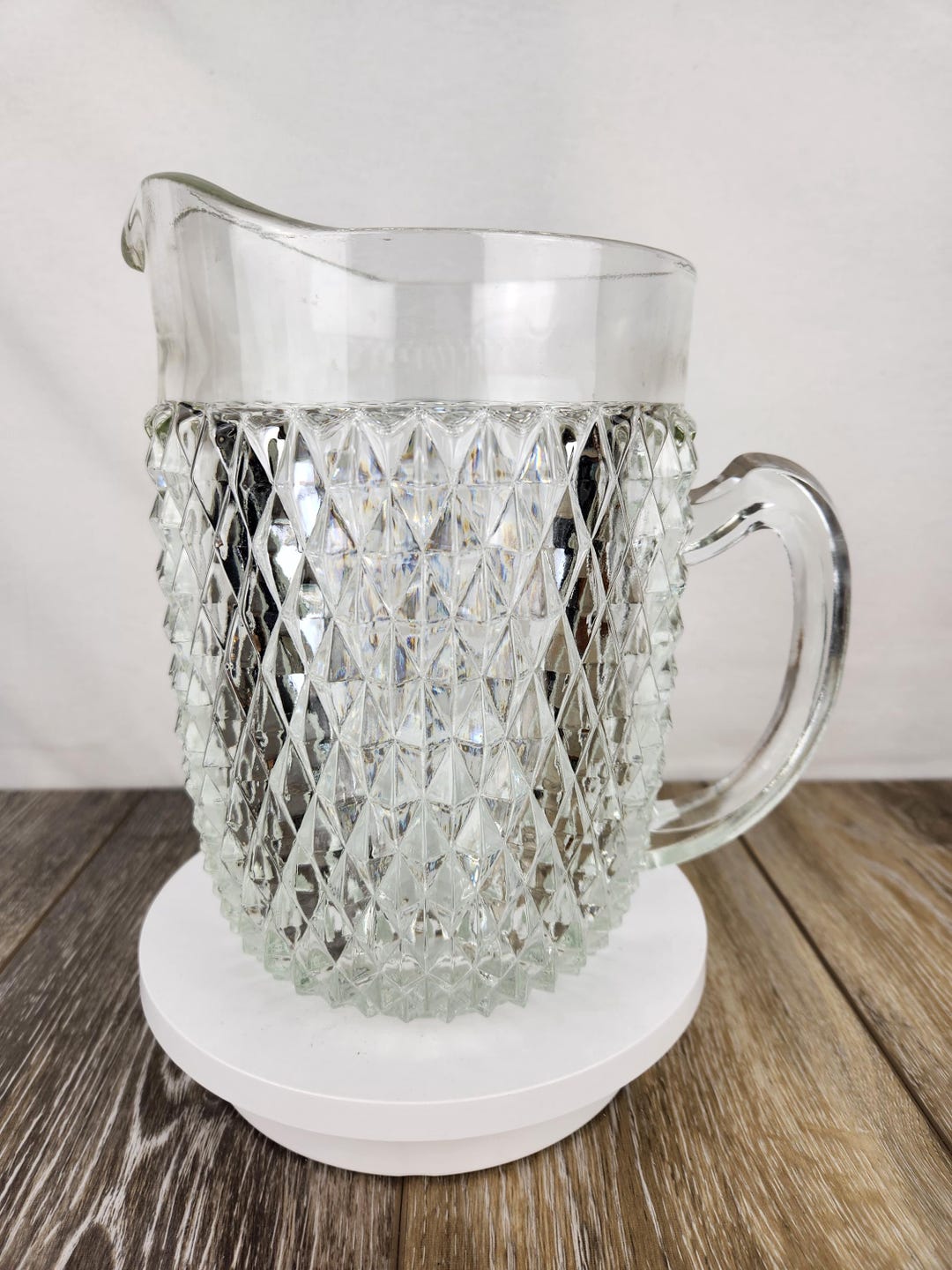 Heavy Clear Glass Pitcher W/ Diamond Point Design Vintage Indiana Glass ...