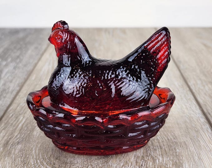 Ruby Red Glass Mini Hen on Nest Covered Candy Dish 3.5" -glows! - Etsy