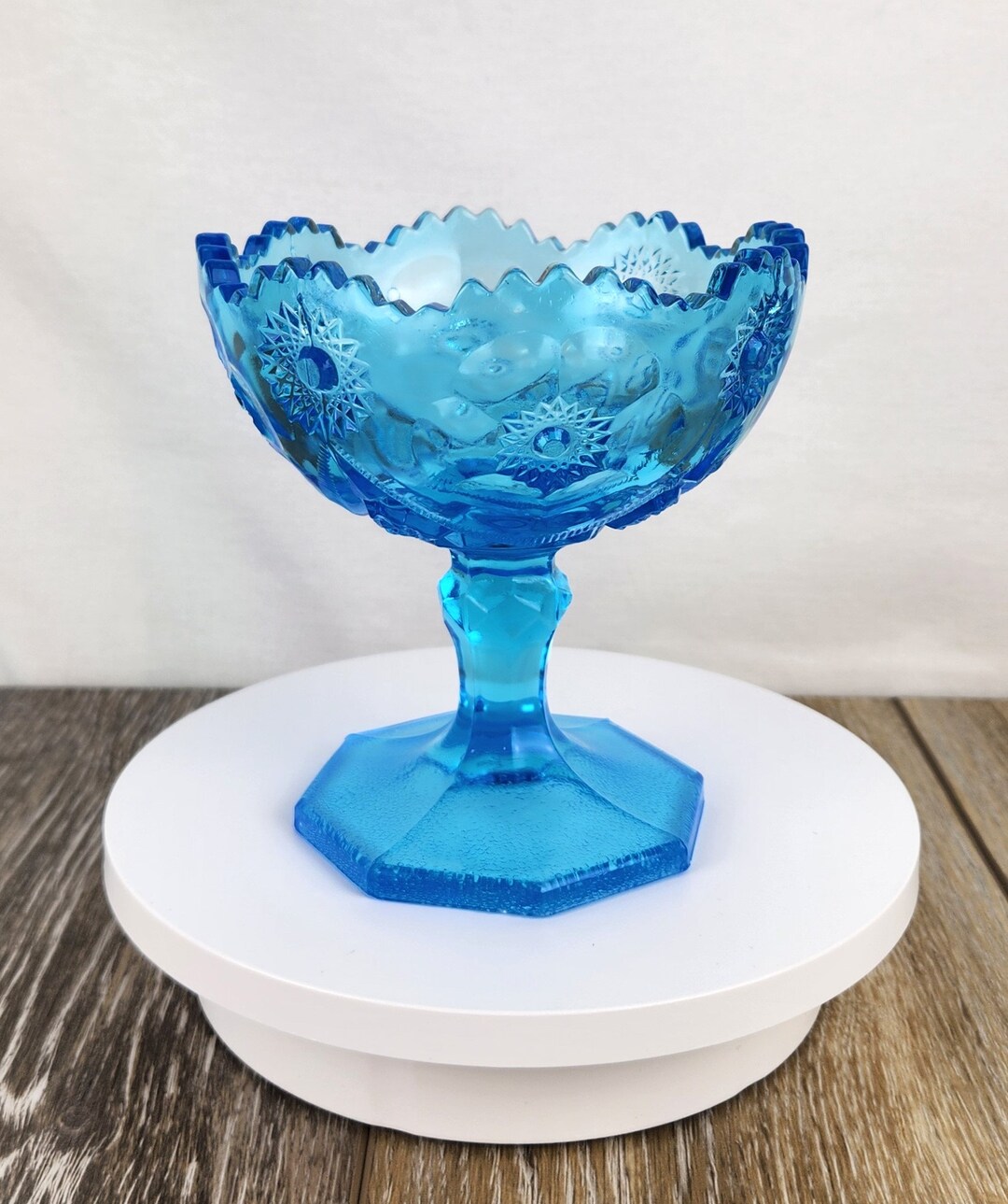 Blue Glass Kemple Glass Compote Dish Azure Blue Flower and Garland 5 ...