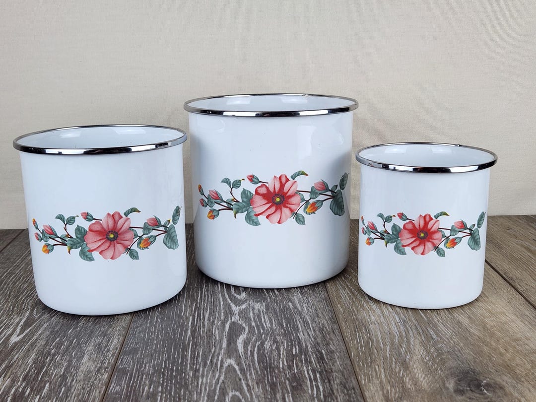 Vintage White Enamelware Canister Set With Floral Design Chrome Trim ...